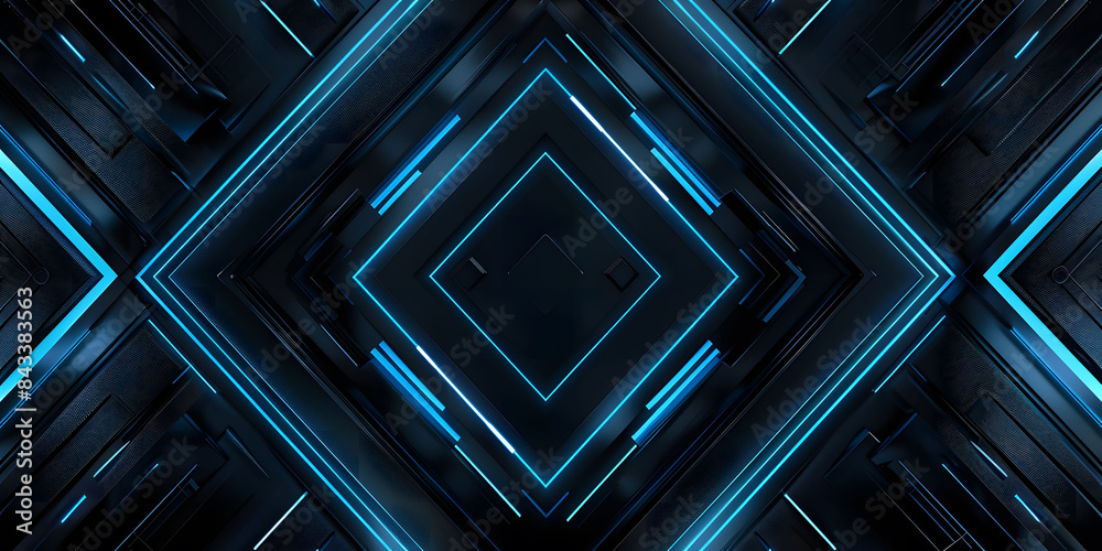 Abstract symmetric black background with blue glowing neon lines ...