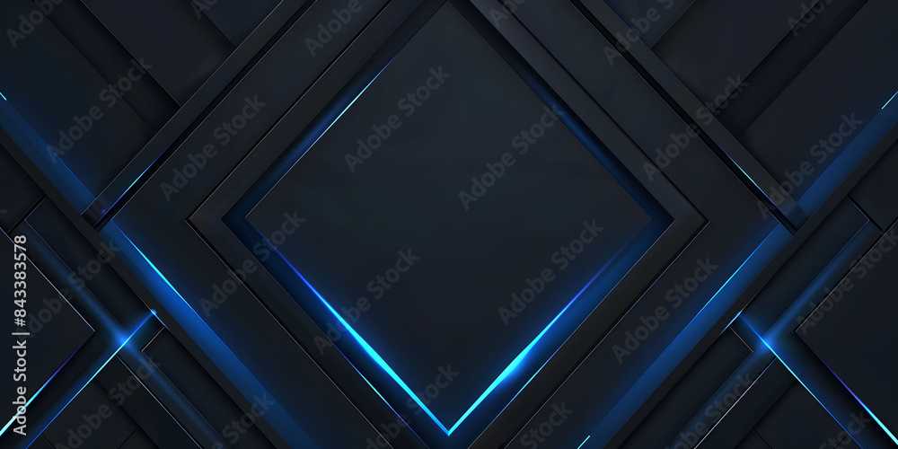 Abstract symmetric black background with blue glowing neon lines ...