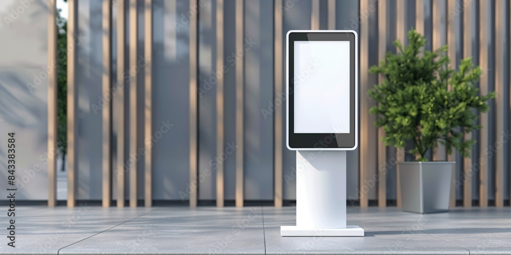 Sleek and versatile interactive display featuring a realistic 3d touch screen kiosk, outdoor ...