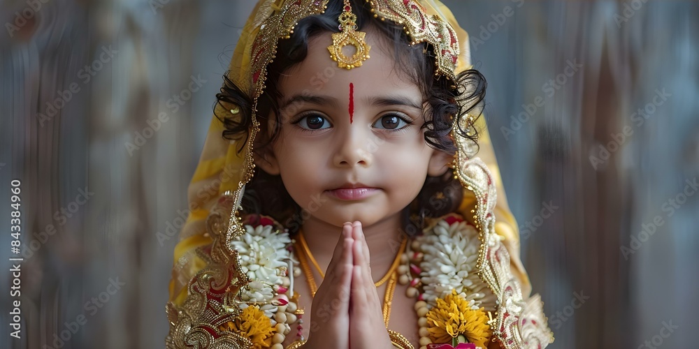 A child in traditional Hindu attire performing Anjali Mudra gesture ...