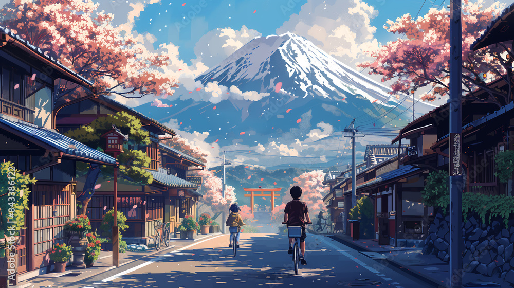 A small town under Mount Fuji pixel art, a Japanese street with cherry ...