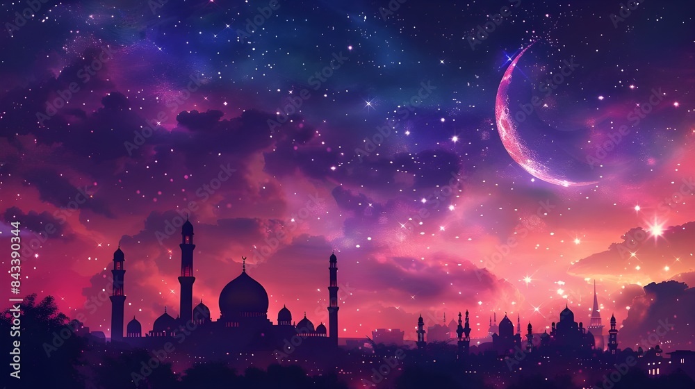 Islamic Context,Night sky with crescent moon and mosque dome on a deep ...