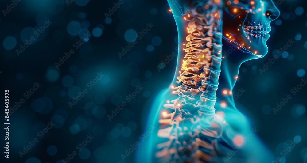 Human spine highlighted under an AI generated X-ray isolated on a blue ...