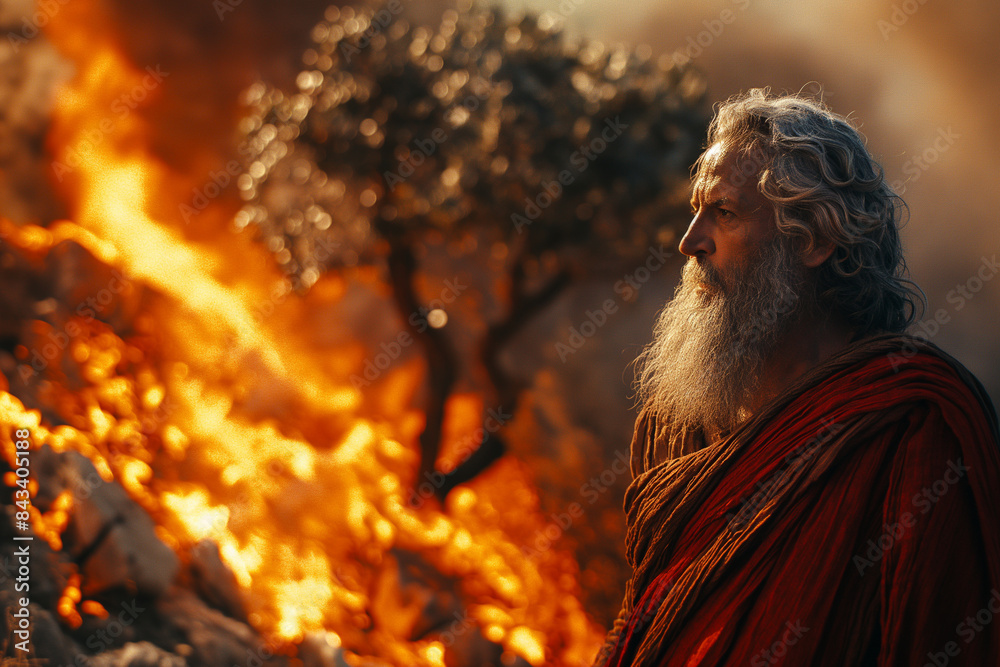 Moses encountering the burning bush on Mount Horeb, with flames that do ...