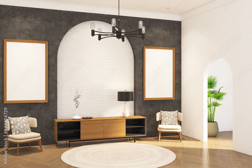 3d render of interior foyer mock up with armchairs, credenza and frames ...