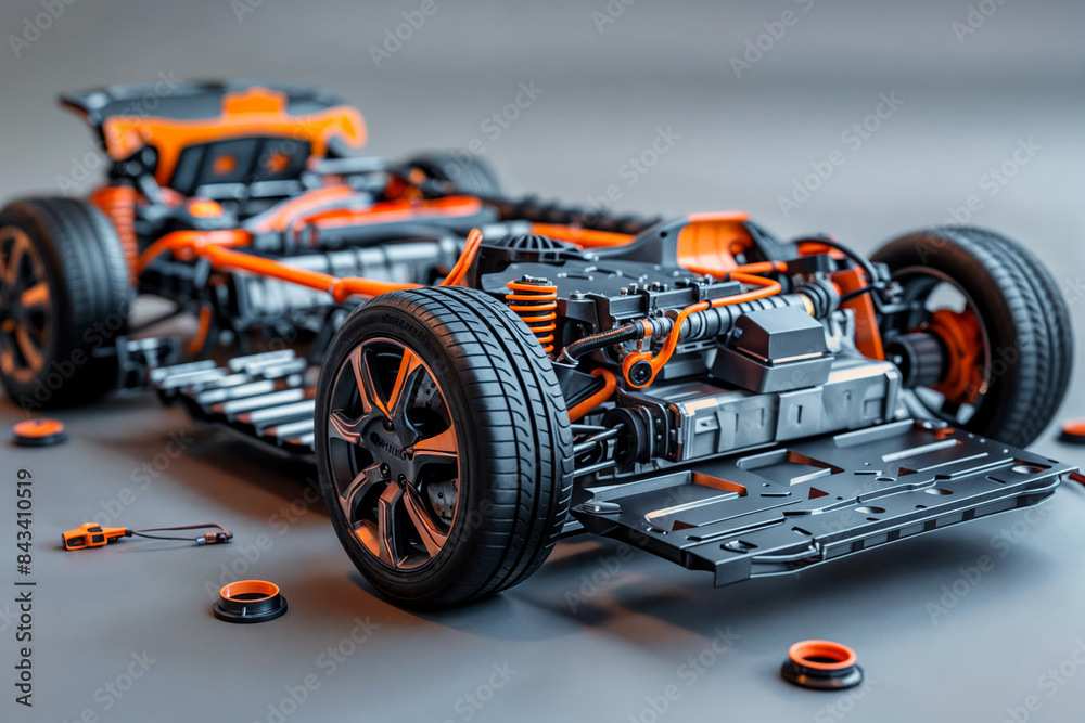 Detailed view of a modern electric vehicle chassis with exposed ...