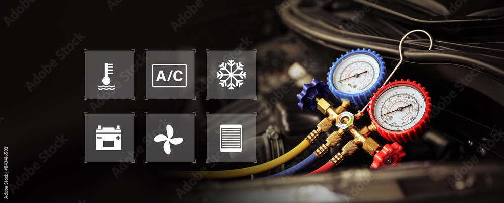 Air refrigerant meter manifold gauge with car care maintenance icons ...