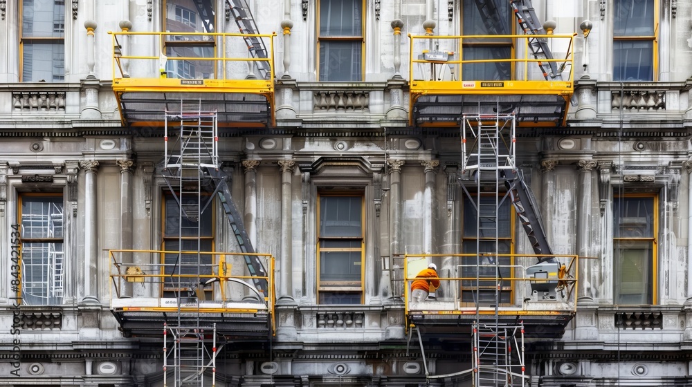 Construction lifts ascend along the facade of a building, showcasing an ...