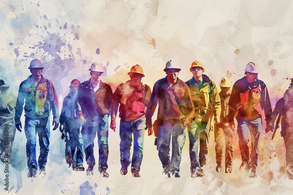 A group of construction workers in helmets go to work, watercolor ...