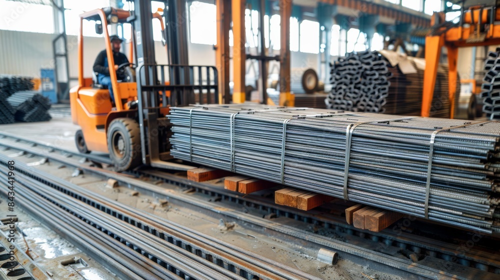 The image depicts a forklift transporting metal bars inside an ...