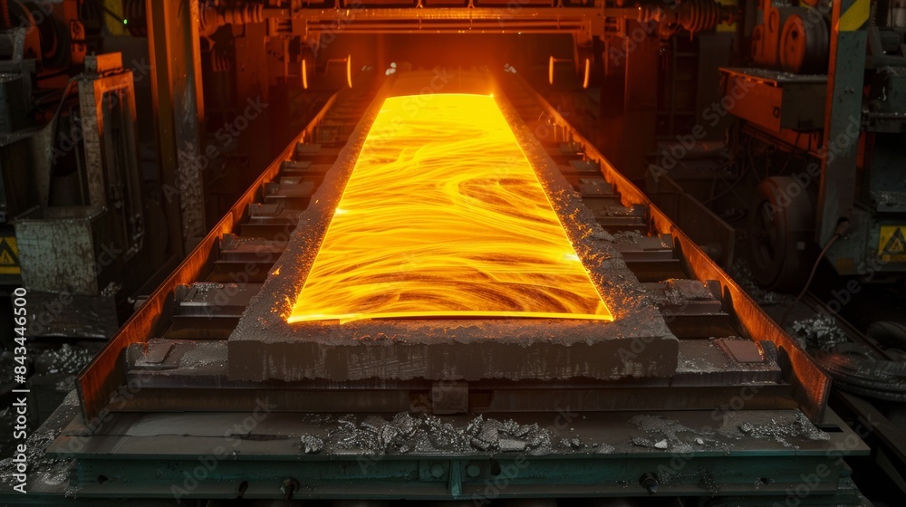 This image features a hot steel slab cooling in an industrial steel ...