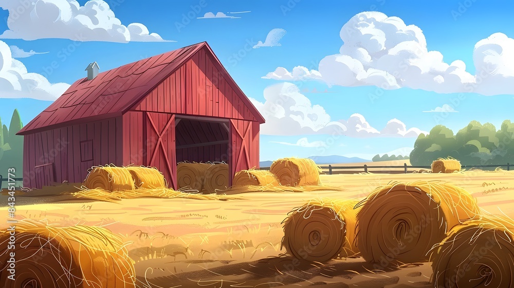 Farm-themed cartoon barn design featuring straw bales and hay piles ...