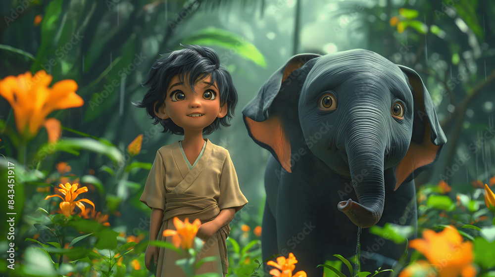 Animated scene, the kids and the baby elephant demonstrating acts of ...