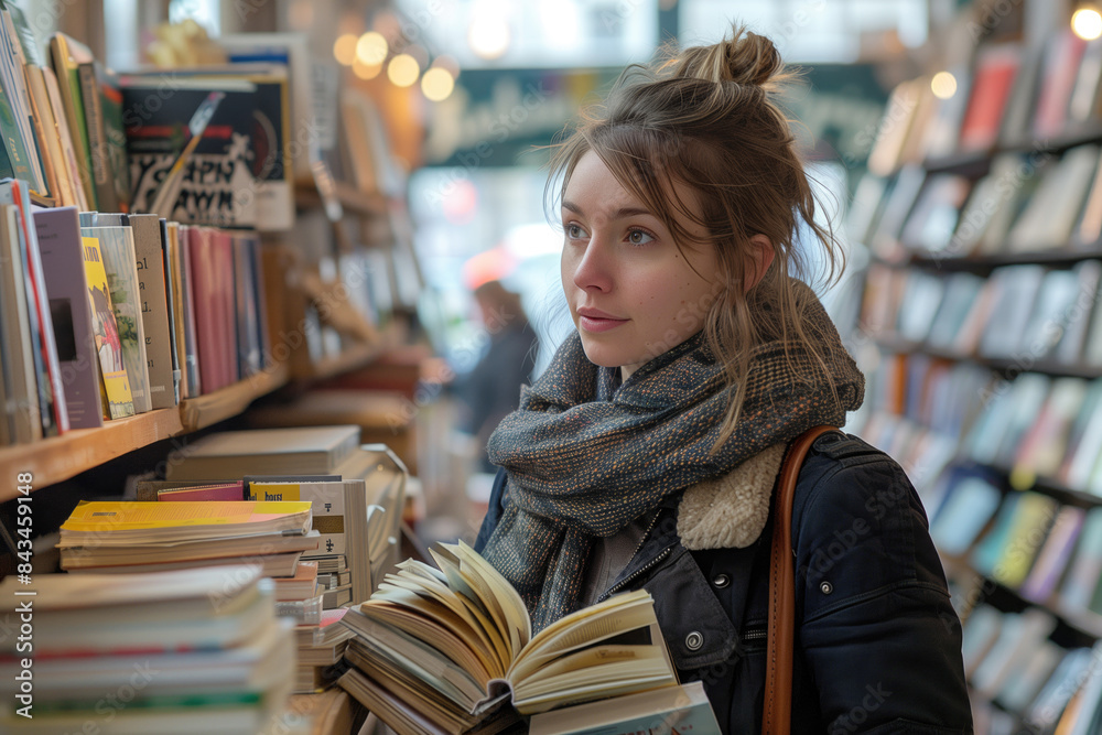 Bookstore shopper. Young woman browsing books in a bookstore isolated ...
