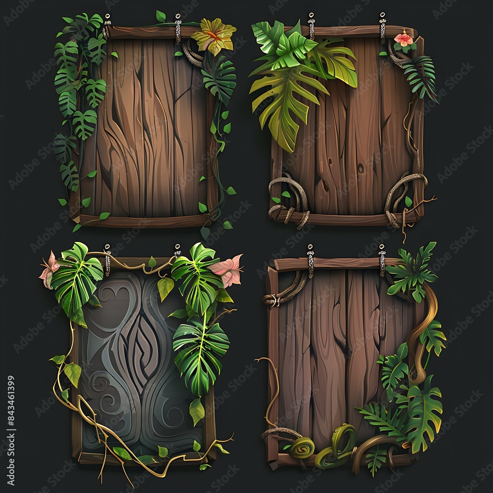 Set old wooden boards decorated leaves liana. Cartoon game panels in ...