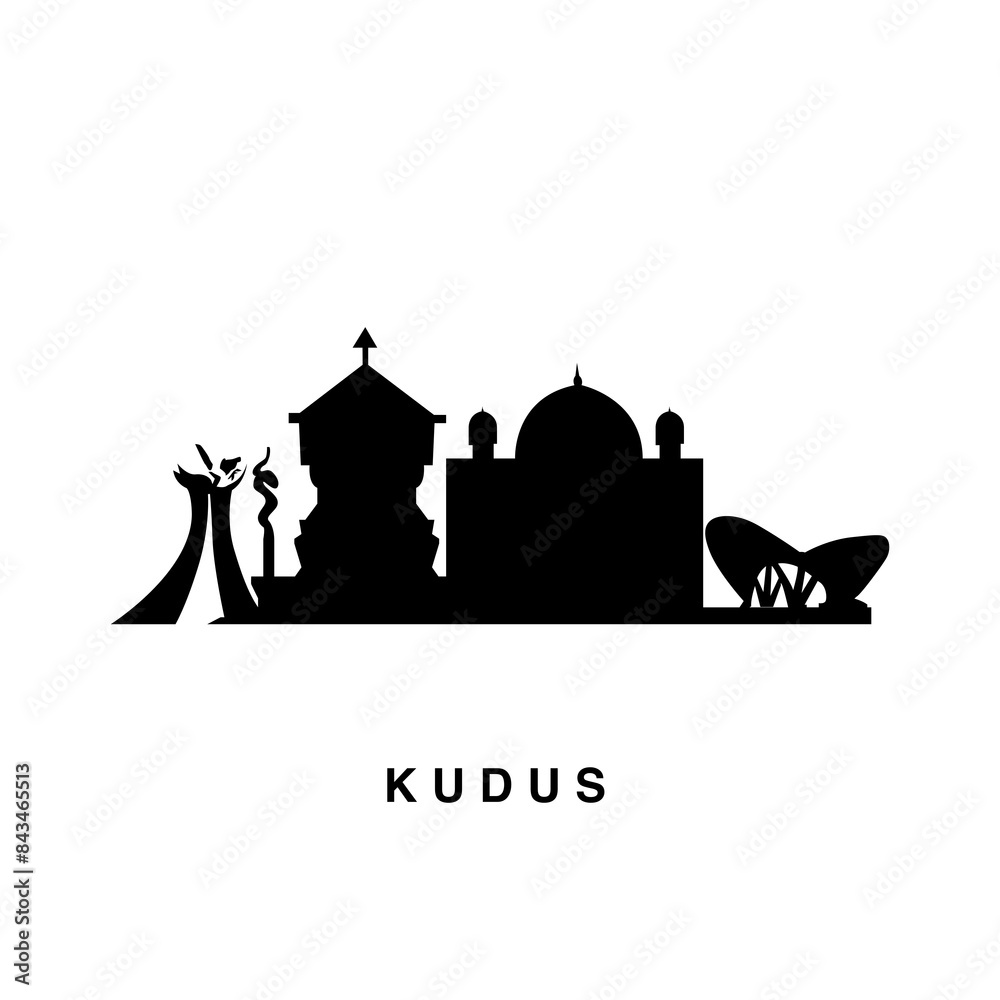 Kudus Indonesia skyline horizontal banner. Black and white silhouette ...
