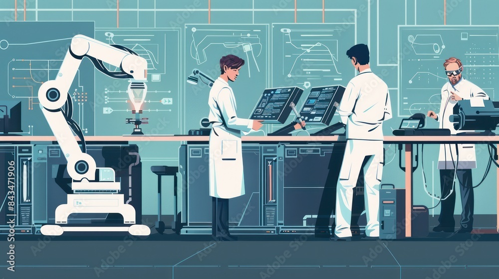 Science illustration of human laboratory life together with artificial ...
