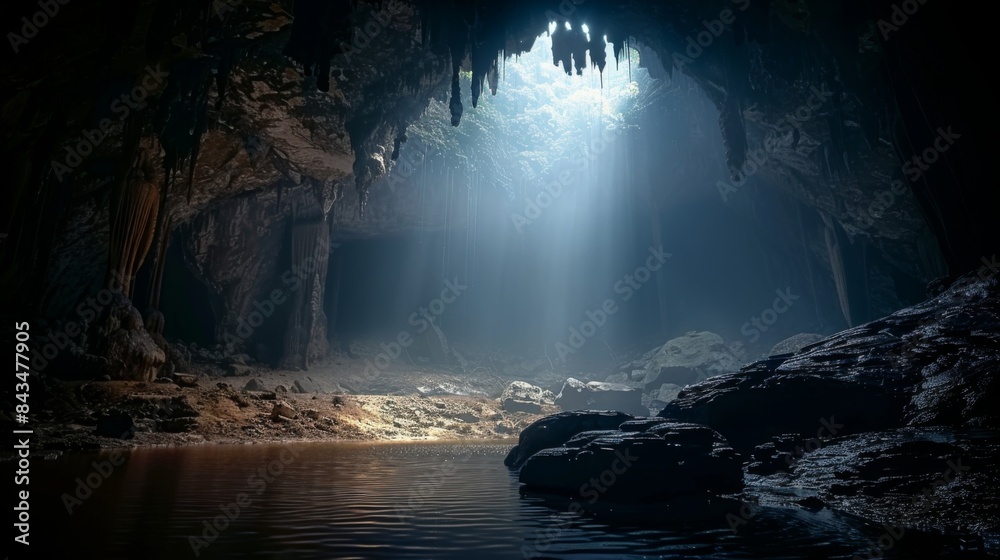 Cinematic view of an empty cave with beams of light shining through an ...