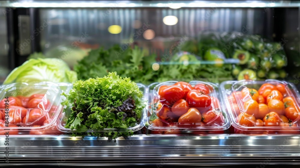 Fresh vegetables on display in a supermarket shelf, including lettuce ...