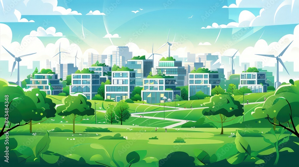 A vector illustration of a green sustainable city with modern buildings ...
