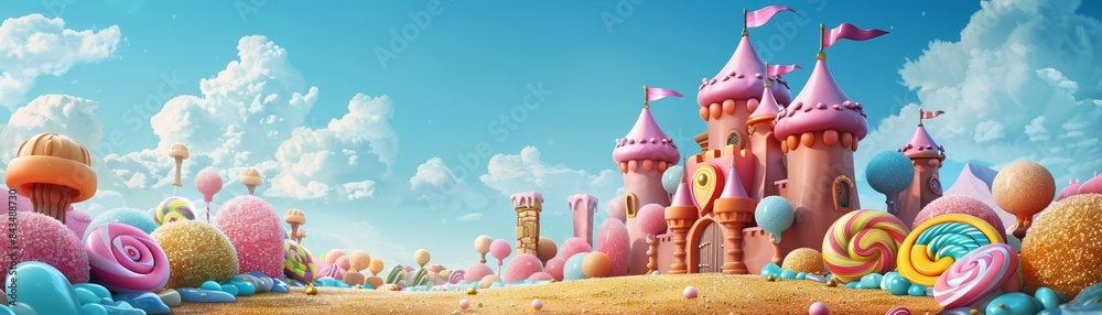 Magical candy land with vibrant pastel colors, featuring castles ...