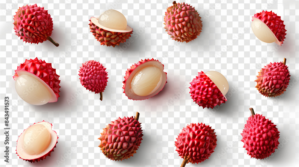 Lychee litchi lichee fruit, many angles and view side top front group ...