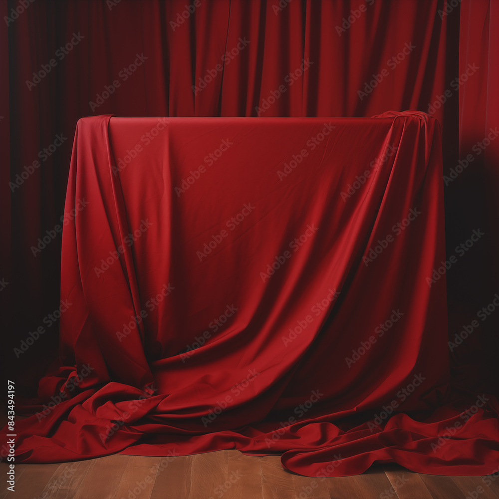 Red curtain draped over a mysterious box. A luxurious red silk curtain ...