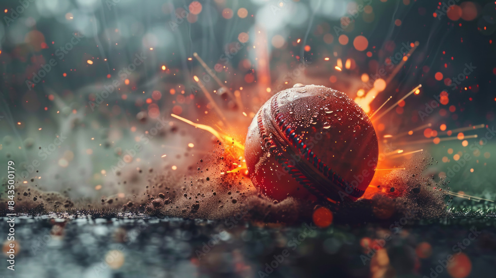 Dynamic red colour cricket ball with fiery particles and dust hitting ...