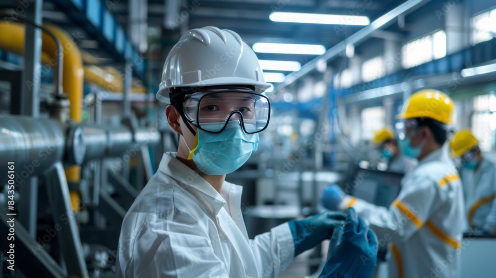 Workers in a factory wearing full protective gear, helmets, gloves, and ...