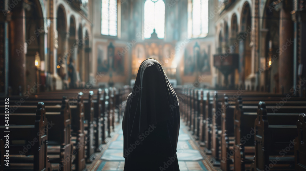 A solitary figure of a nun in prayer, standing amidst the vast and ...