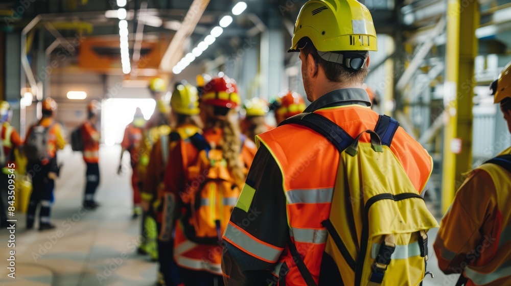 Workers in safety training, practicing emergency evacuation procedures ...