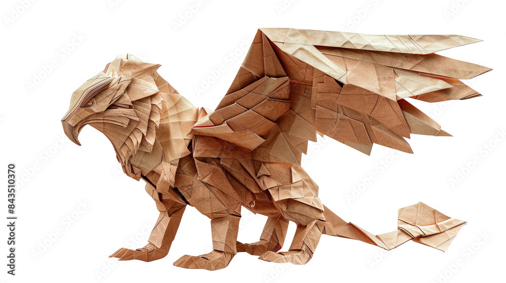 A detailed origami griffin with intricate folds and a majestic pose. The griffin's wings are ...