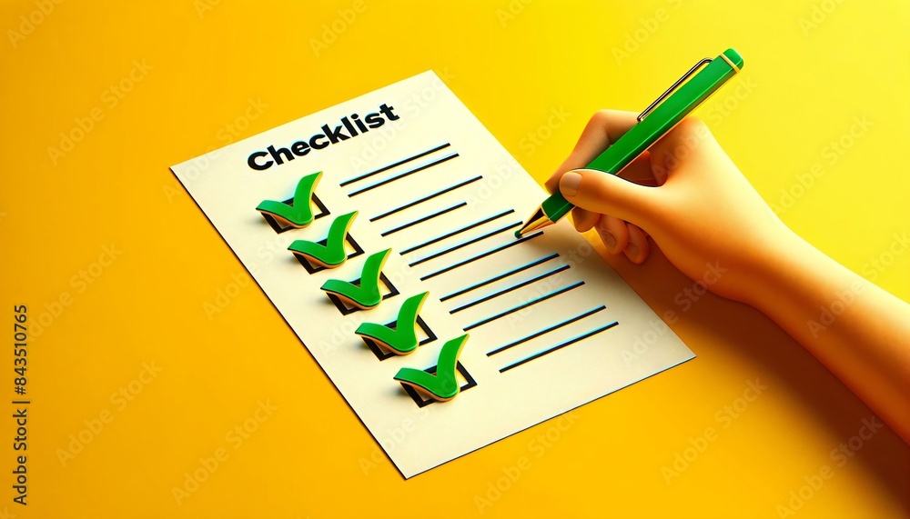 Illustration of hand with pen and checklist on paper with marked green checkmarks, against a ...