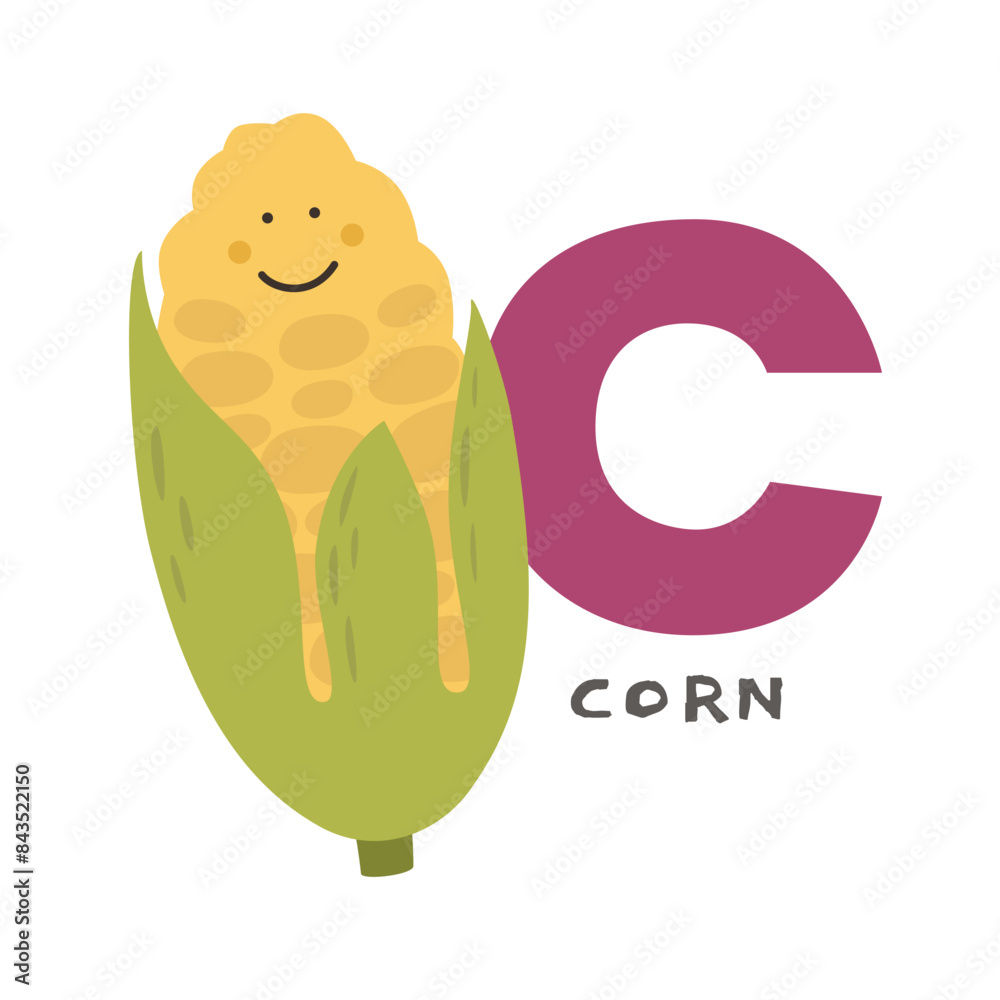 Cute juicy corn with a laughing face and the letter C vector ...