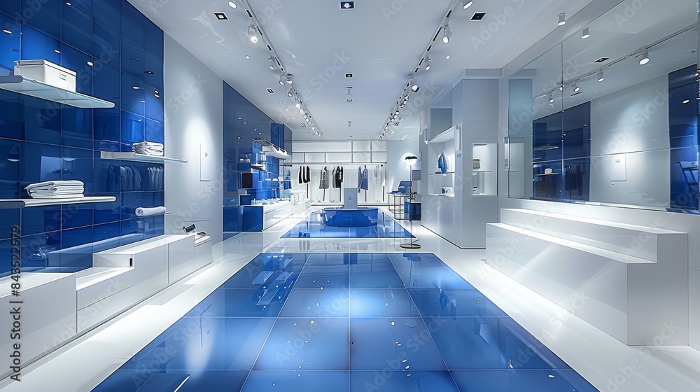 Clothing store, White and blue minimalist design clothing store space ...