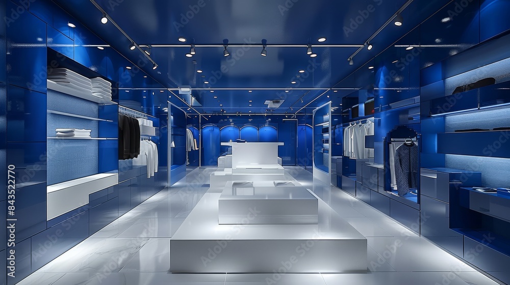 Clothing store, White and blue minimalist design clothing store space ...