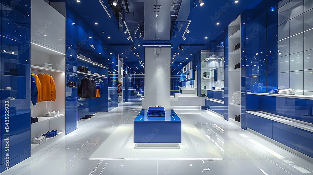 Clothing store, White and blue minimalist design clothing store space ...
