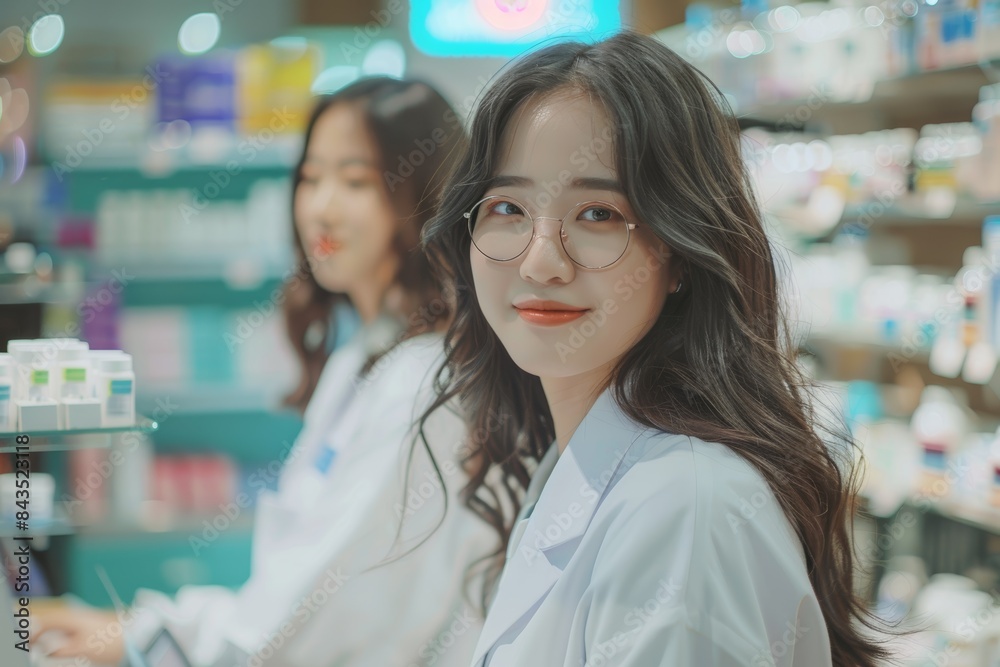 Medicine assistance, pharmacy service, portrait and woman teamwork, and ...
