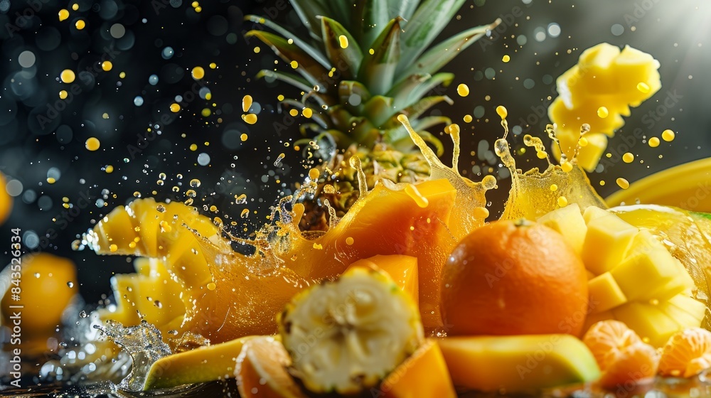 Fruit burst with juice splashes featuring tropical fruits like orange ...