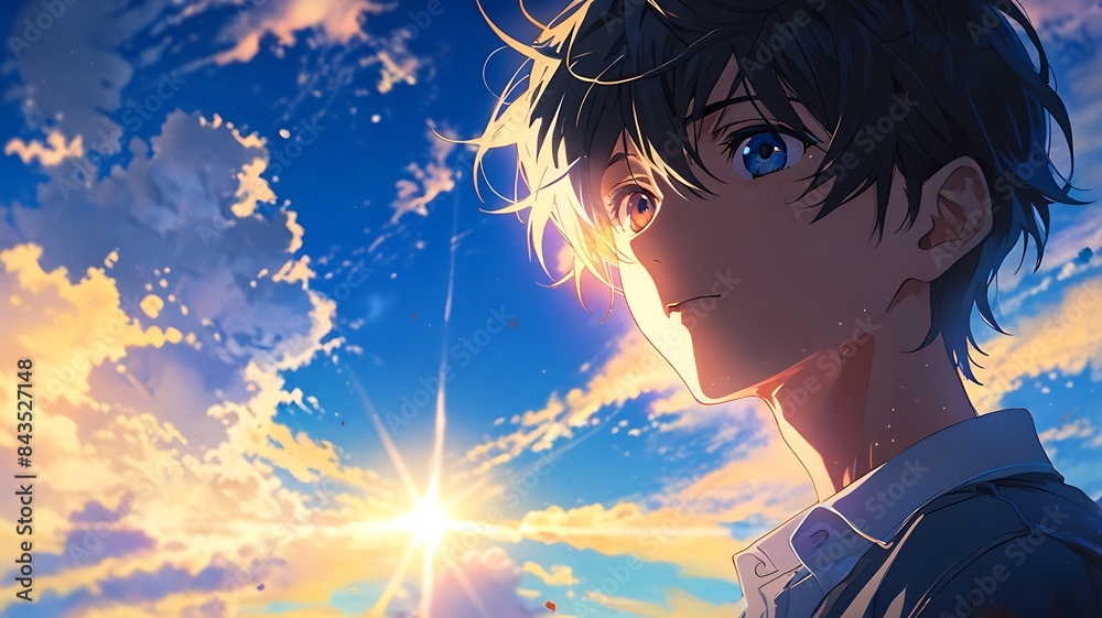 Handsome anime boy with beautiful view of clear sky in background ...