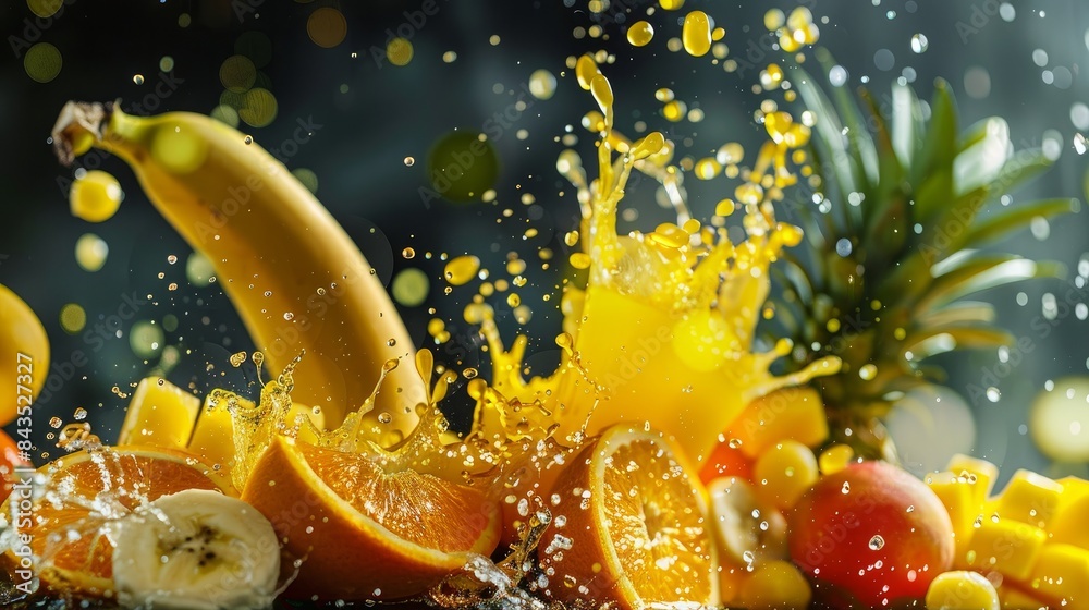 Fruit burst with juice splashes featuring tropical fruits like orange ...