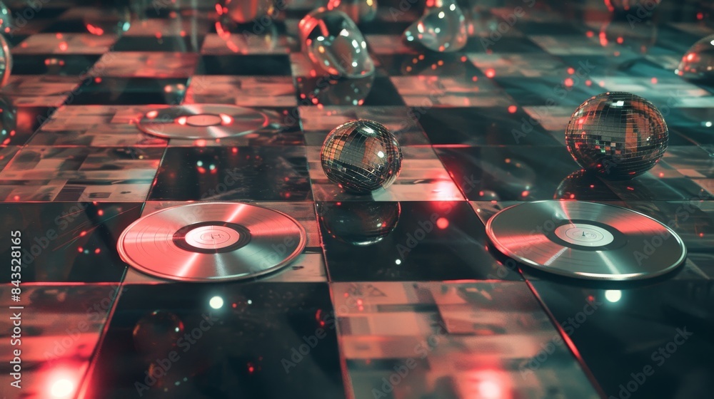 Rendering of vintage vinyl records and cassettes of 80s music scattered ...