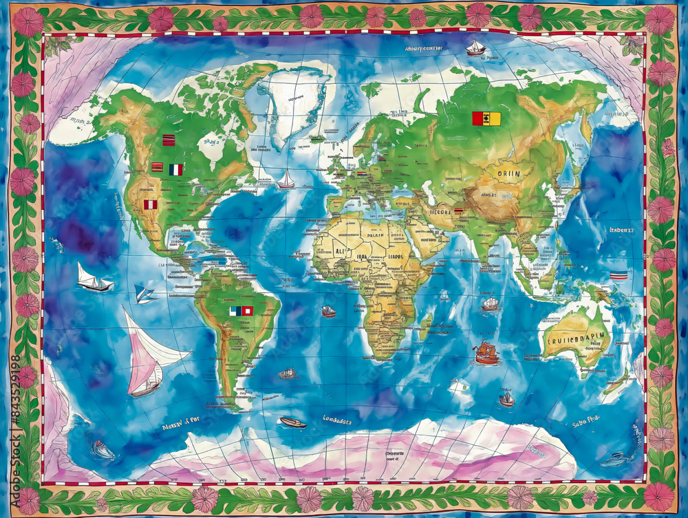 A colorful world map with flags on it. The map is decorated with ...