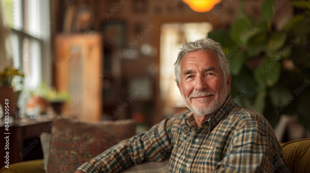 Content man giving a positive testimonial in a cozy home setting Stock ...