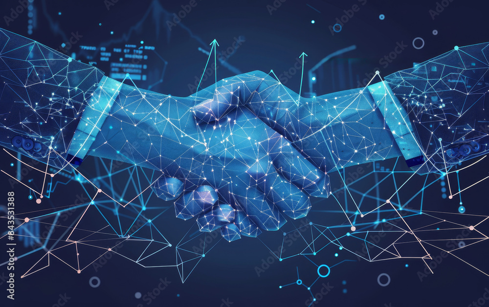 Futuristic digital handshake on a dynamic blue background with glowing ...