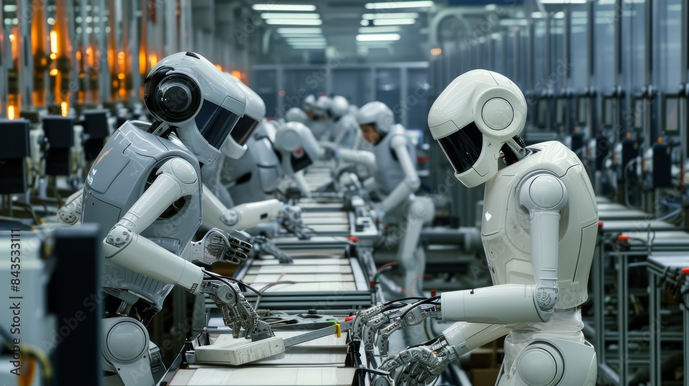 Robots and humans work together in a factory where robots perform ...