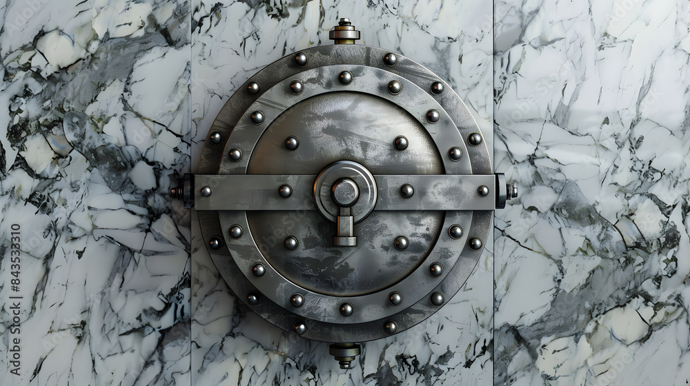 3D illustration of a closed bank vault door with a lock against a grey ...