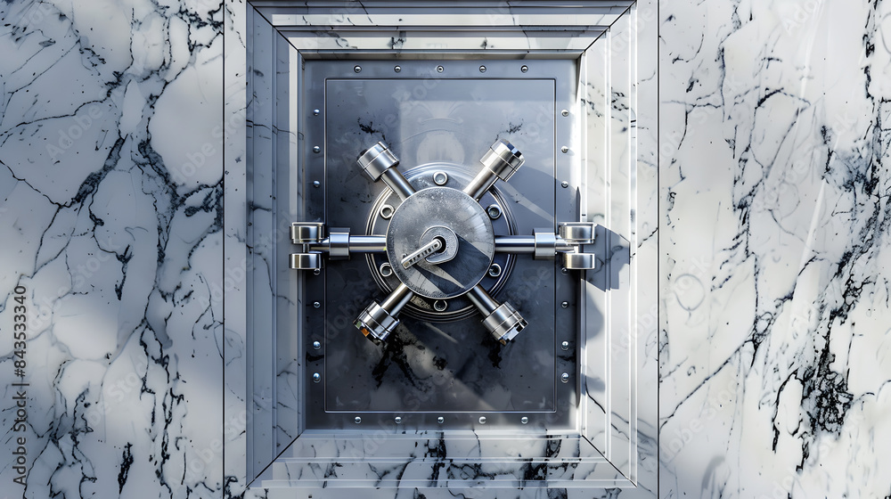 3D illustration of a closed bank vault door with a lock against a grey ...