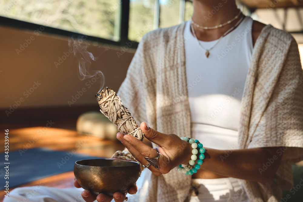Burning aromatic incense smoky stick with meditating lady close up ...