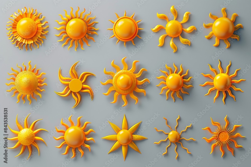 Bright 3D Sun Icons with Yellow Rays for Weather and Temperature ...